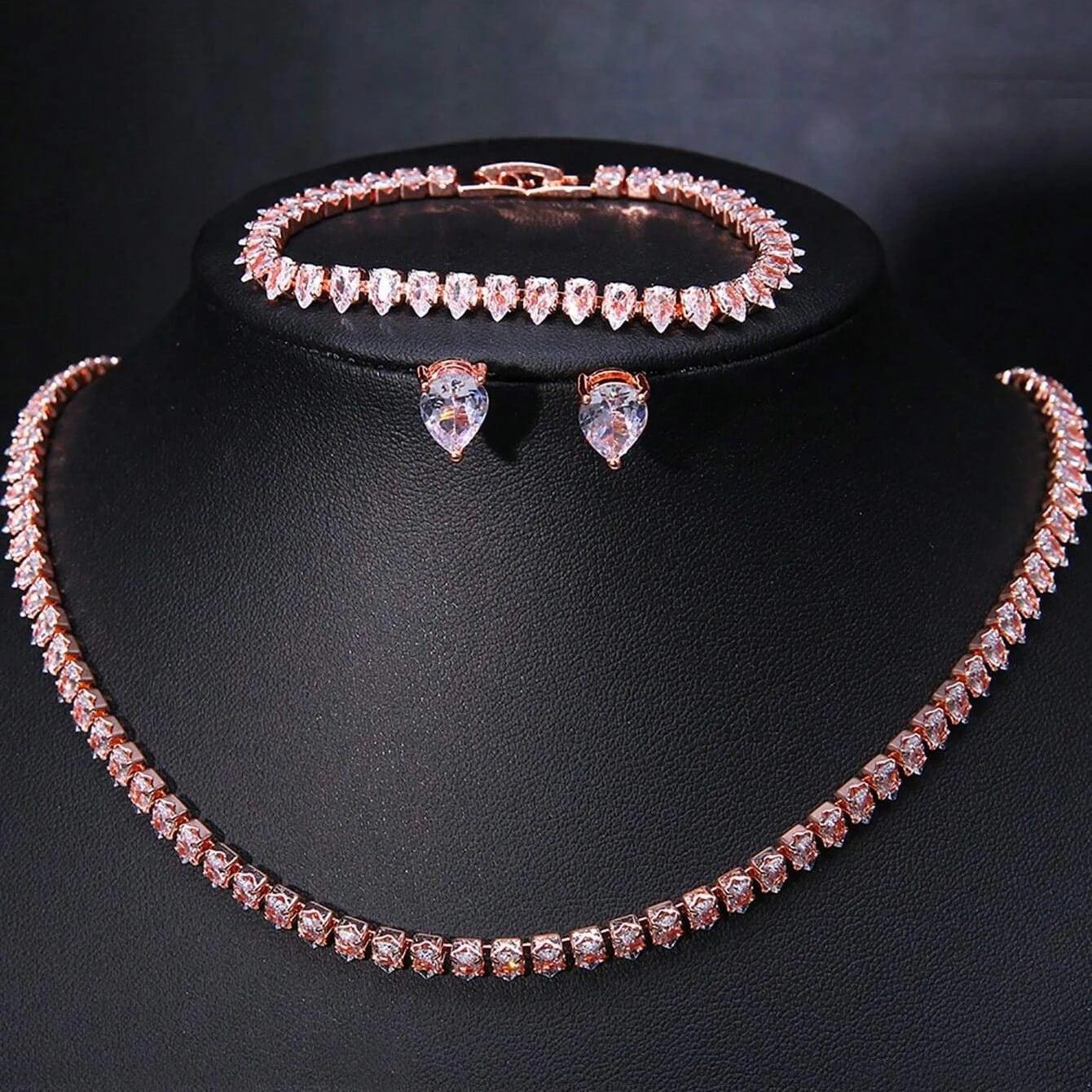 Set colier, cercei si bratara, tennis, rose-gold, cu pietre din zircon ...
